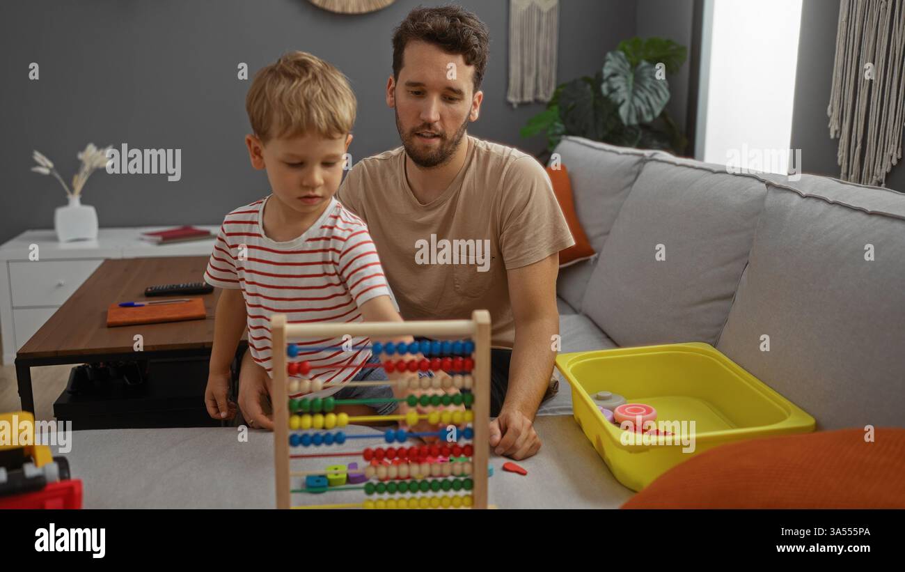 Father playing with son using an abacus in a cozy living room ...
