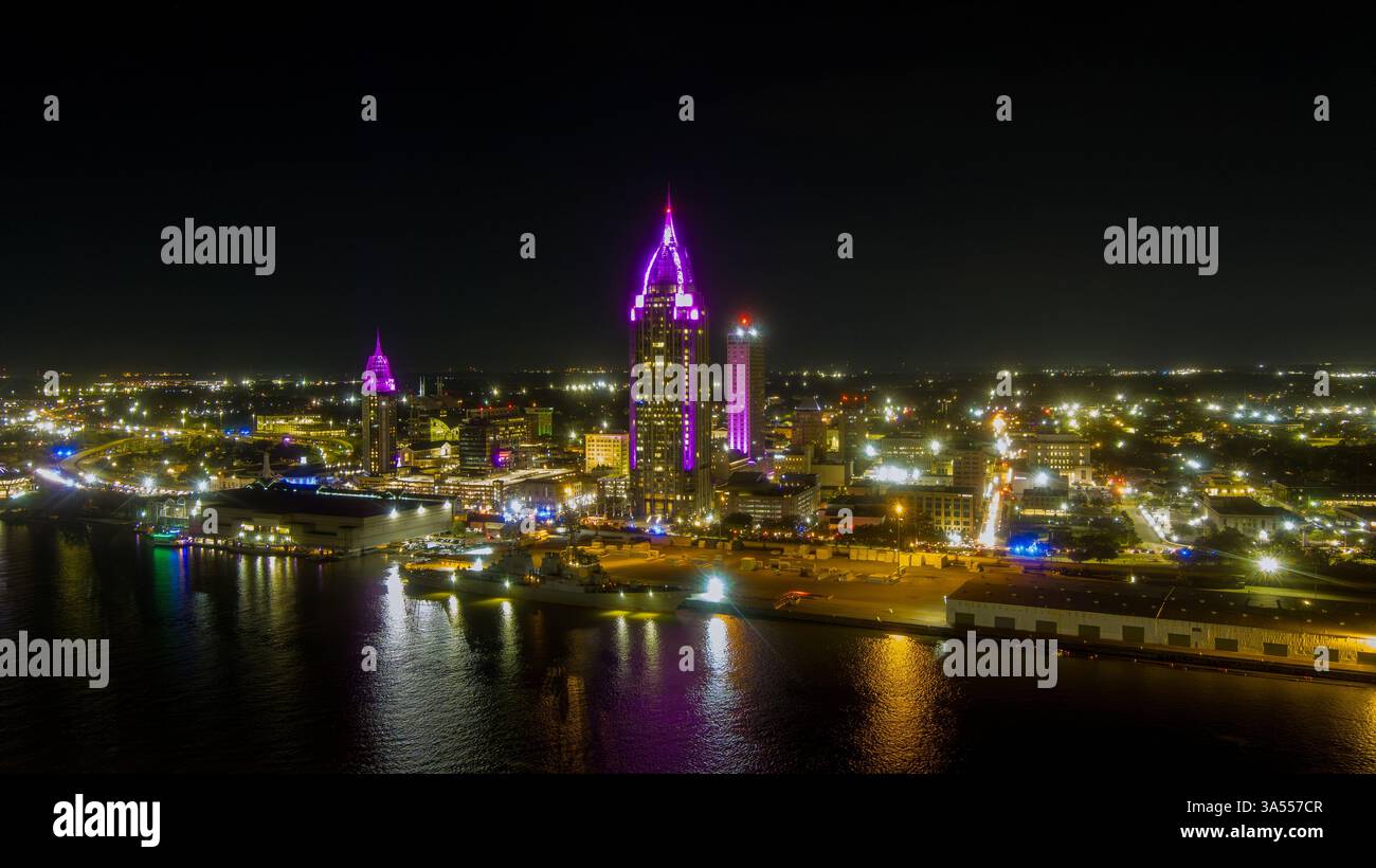 Downtown Mobile, Alabama waterfront at night Stock Photo - Alamy