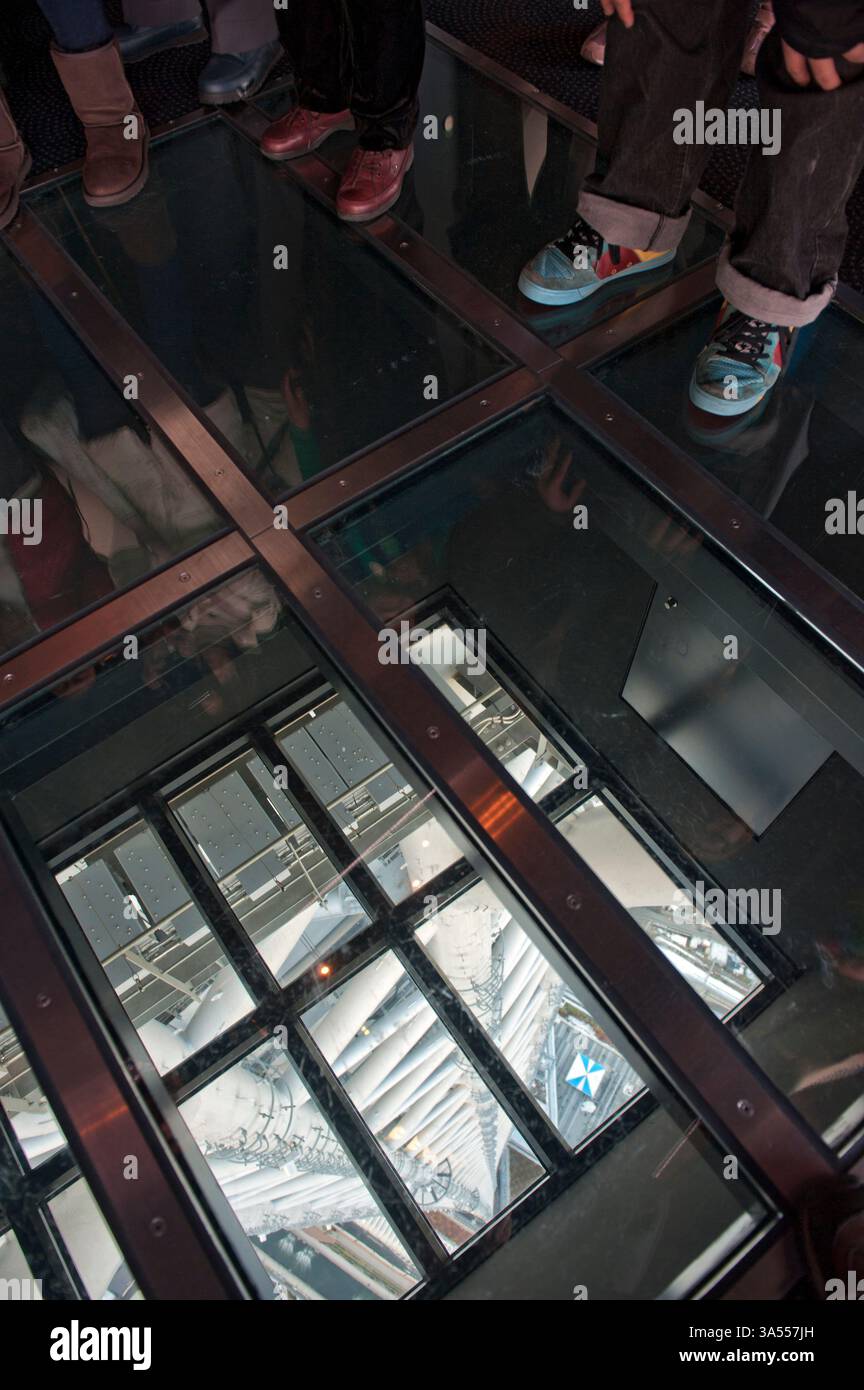 View straight down through a glass floor on the Tembo Deck of the Tokyo ...