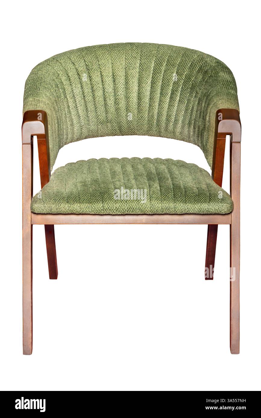 This stylish green chair features a unique ribbed upholstery and wooden ...