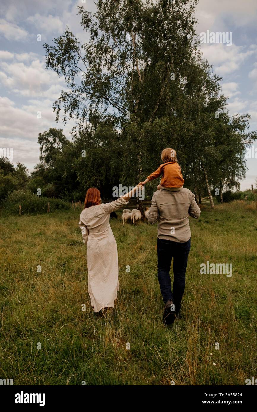 Family walking through meadow with child on shoulders Stock Photo - Alamy