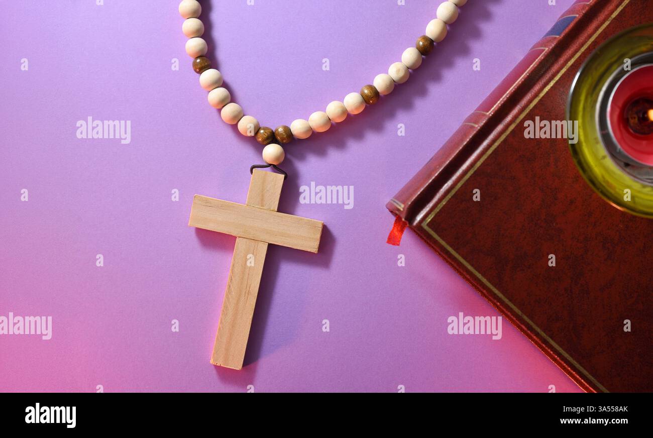 Religious background with tools for prayer with a Christian cross Bible ...