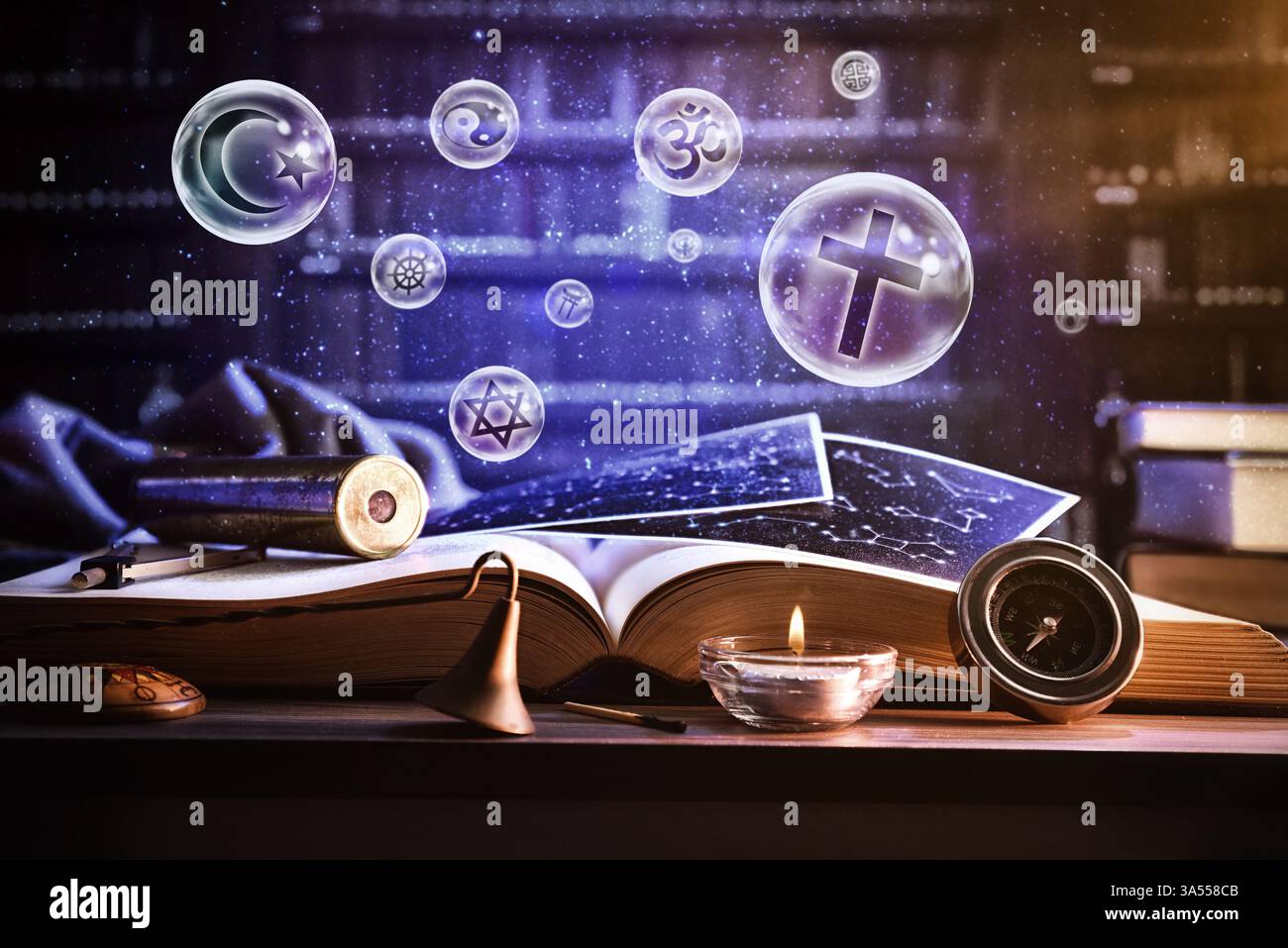 Book on a table with various antique objects in a library with bubbles ...