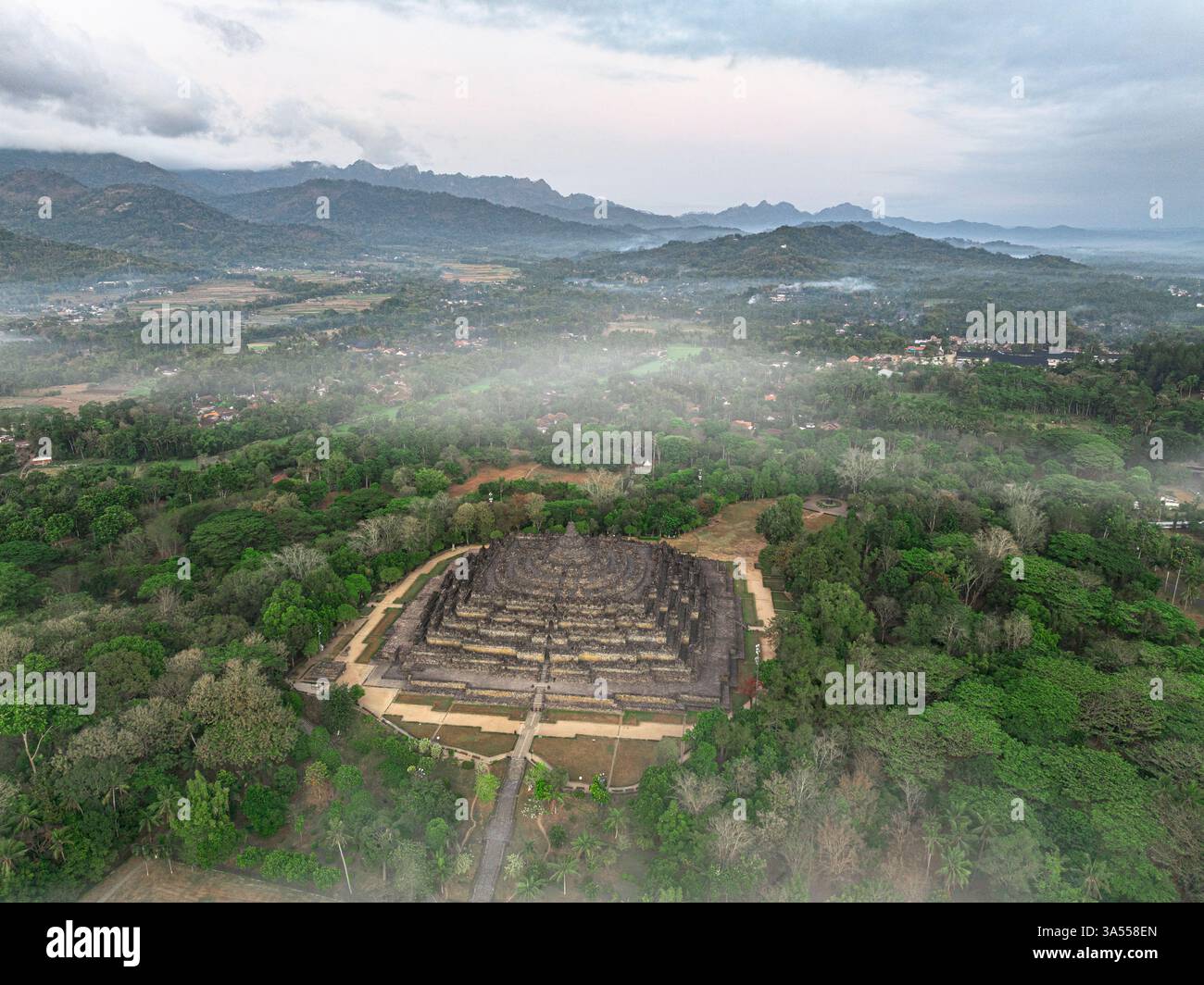 Aerial view of Borobudur temple in the mist, Java Stock Photo - Alamy