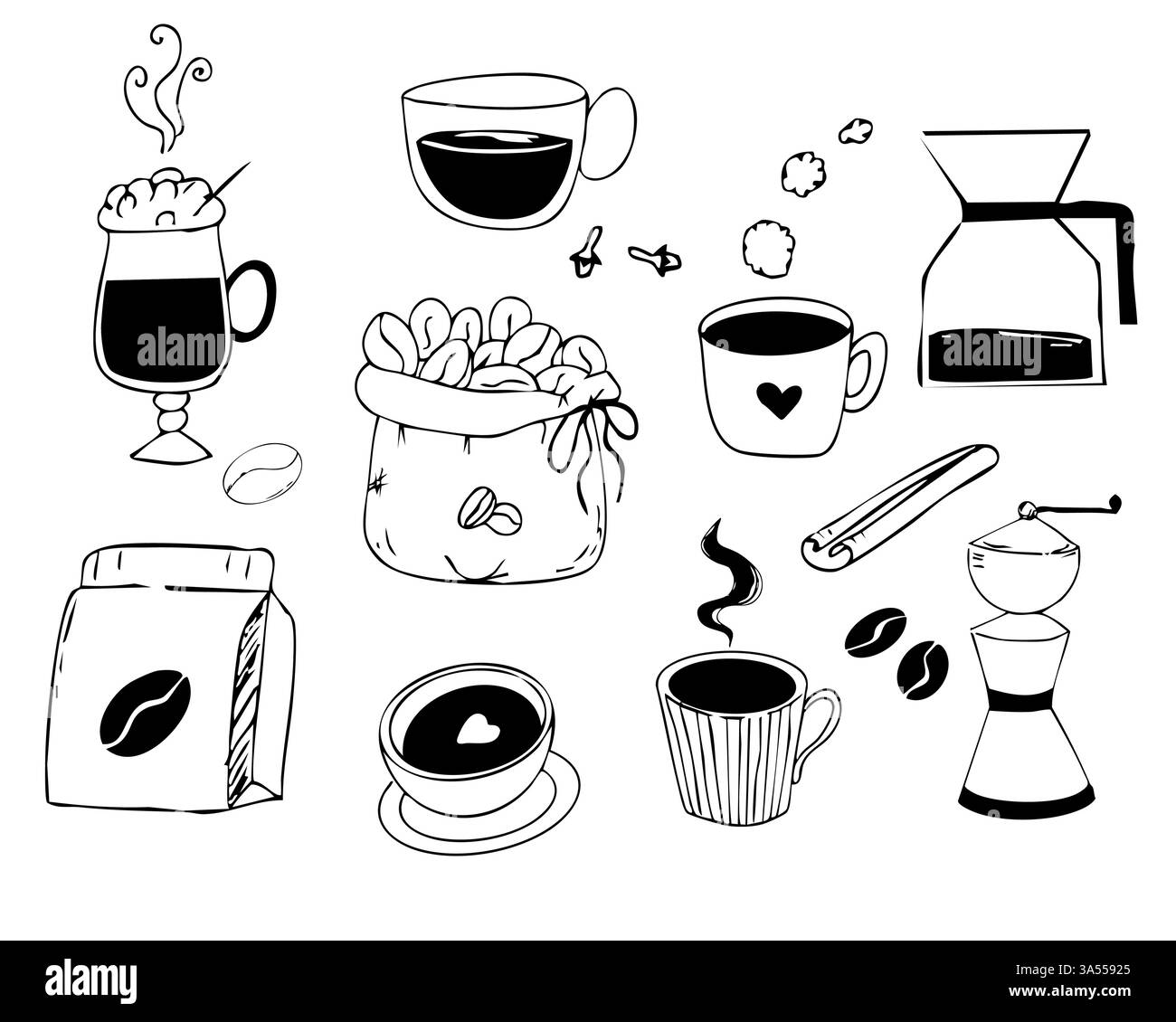 Coffee doodle set sketchy hand drawn sack with coffee beans, grinder ...