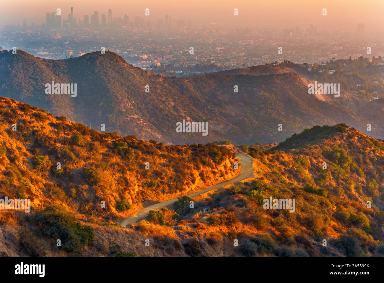 Winding hiking roads in Griffith Park with views of hazy downtown Los ...