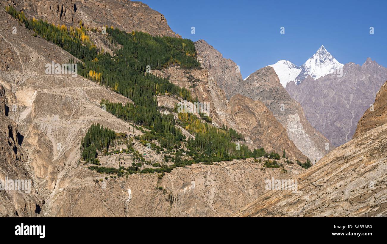 Scenic mountain landscape view of snowcapped Shispare peak aka Shispare ...