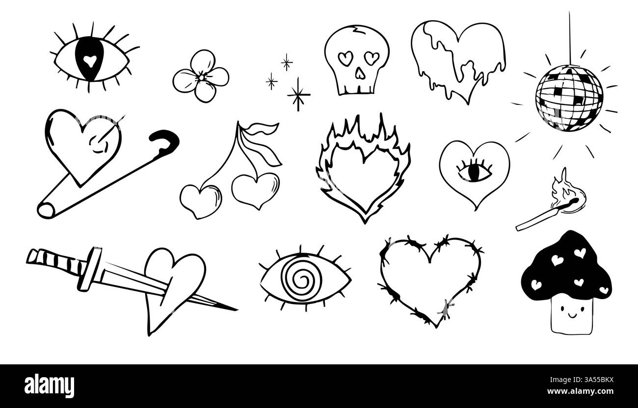 Psychedelic doodle heart barbed wire, with fire and eye, graffiti ...