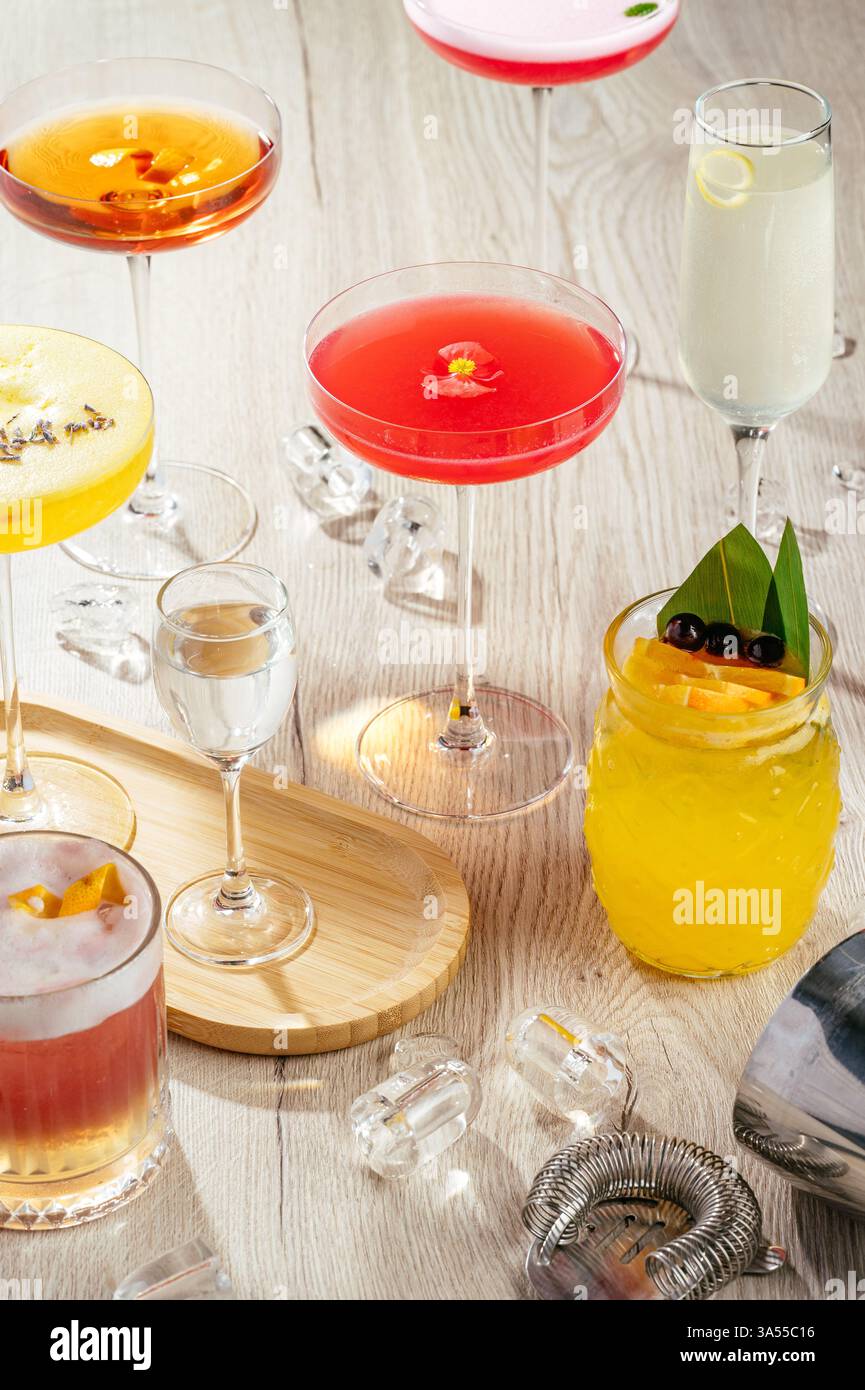 set of alcoholic cocktails in a bar Stock Photo - Alamy