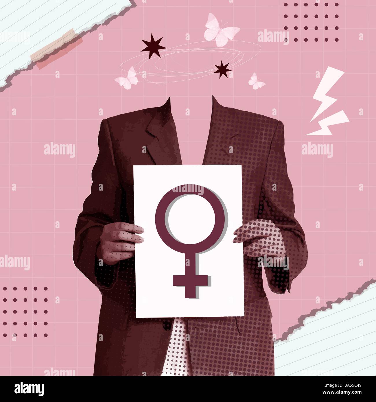Faceless Figure Holding Feminist Symbol in Modern Collage. vector ...