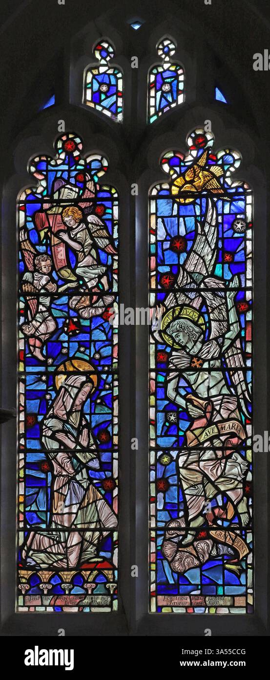 Stained glass window of 1953 by Jane Paterson, depicting The Annunciation to the Virgin Mary, St ...