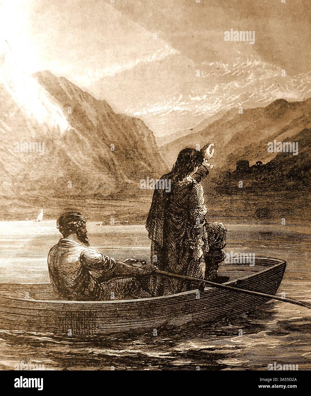 A 19th century engraving showing a Scotsman travelling across a loch in ...