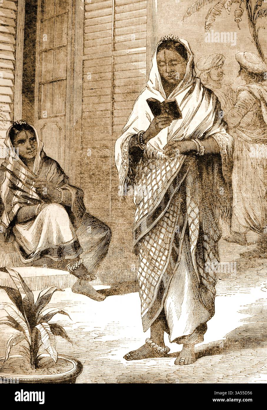 A 19th century engraving showing Brahmin women in typical dress of the ...