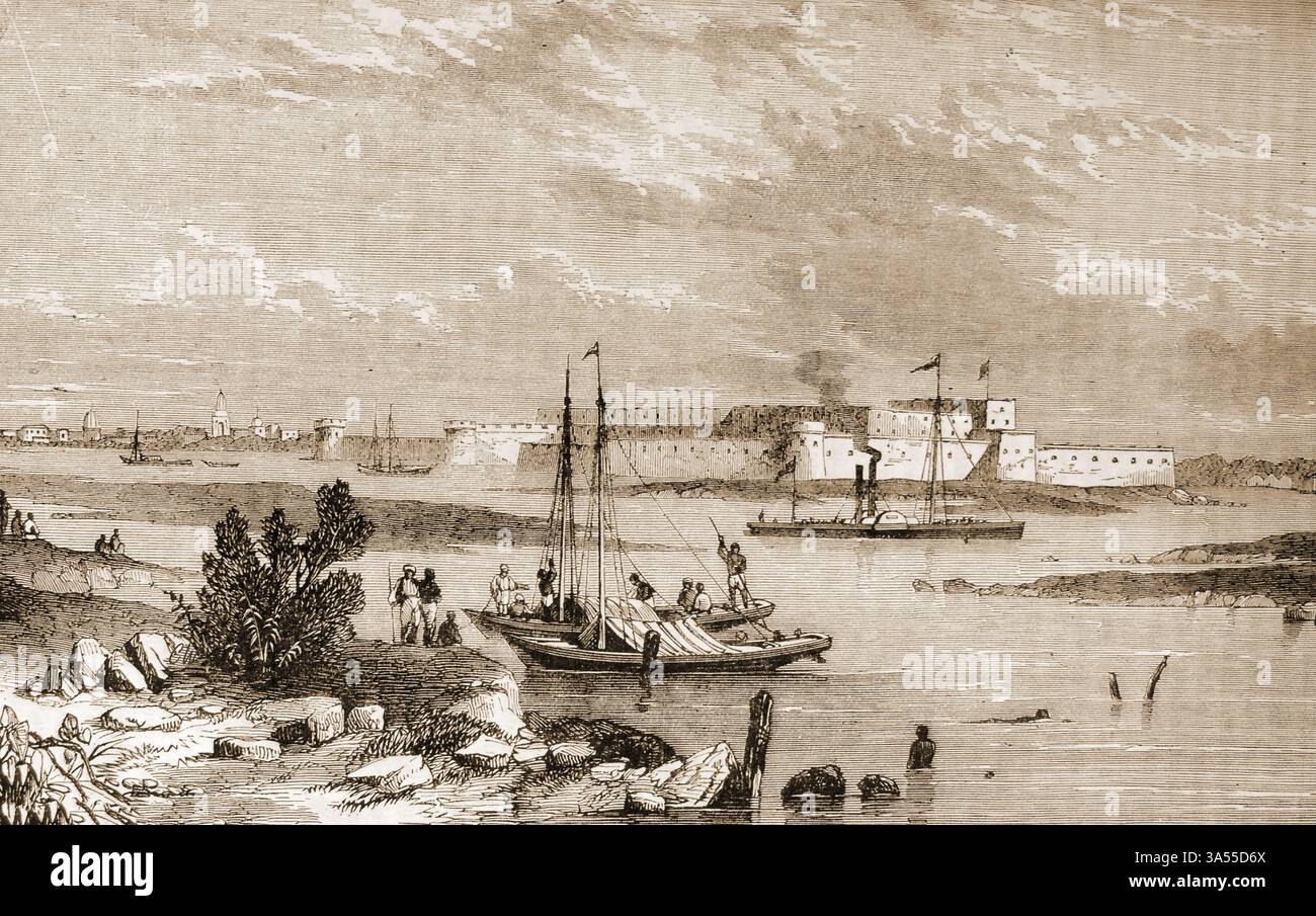 A 19th century engraving showing the Fort and Town of Allahabad (now ...