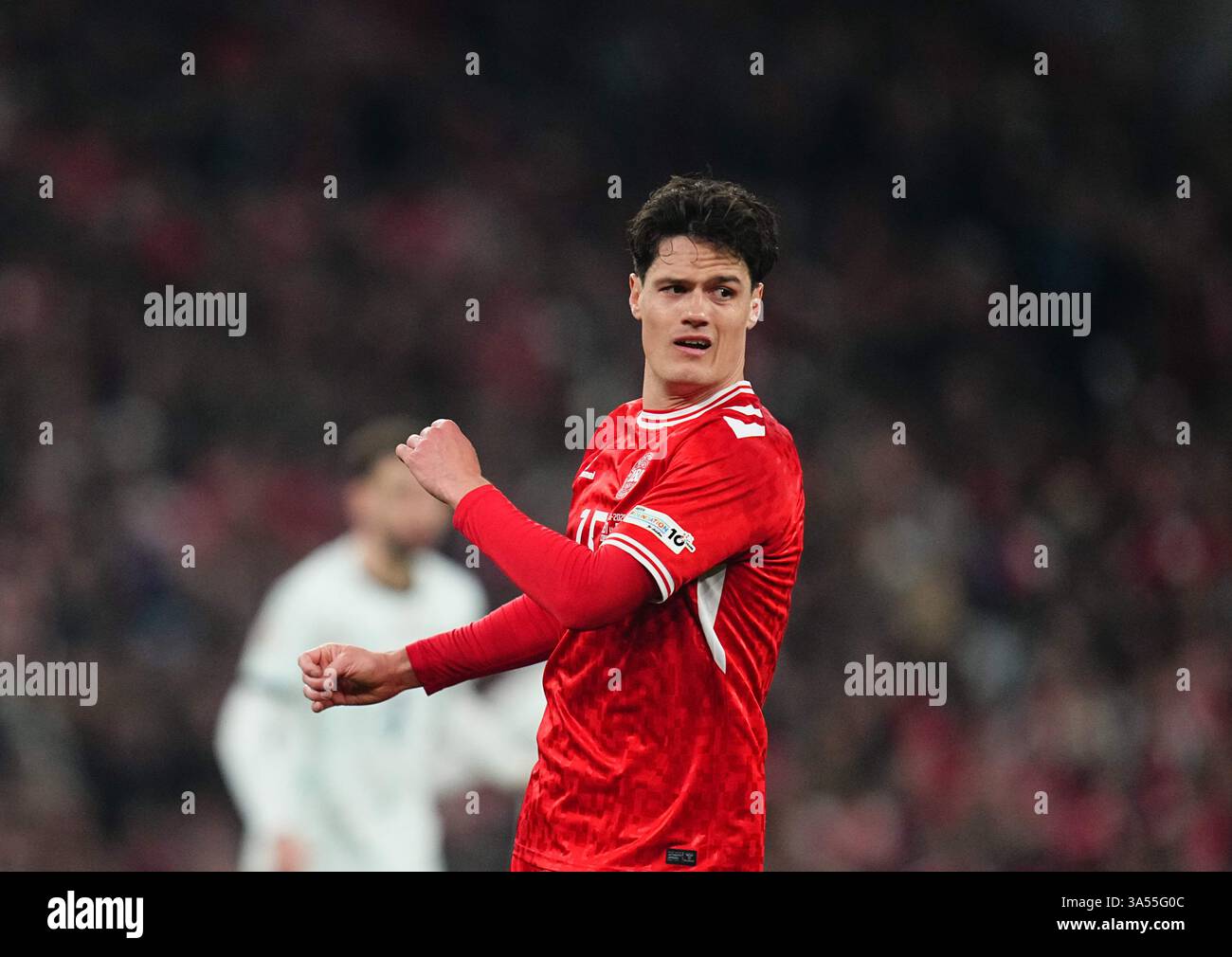 March 20 2025: Christian Norgaard of Denmark looks on during a UEFA ...