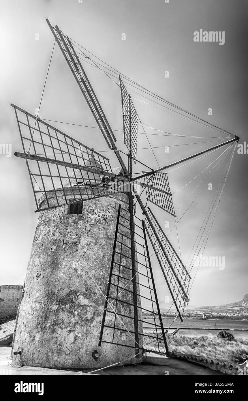 Sicily saltworks windmill Black and White Stock Photos & Images - Alamy