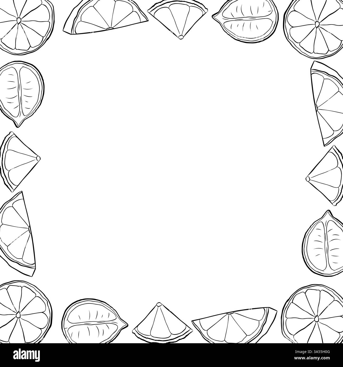 Lemons slice square frame. Black and white template with citrus fruits ...