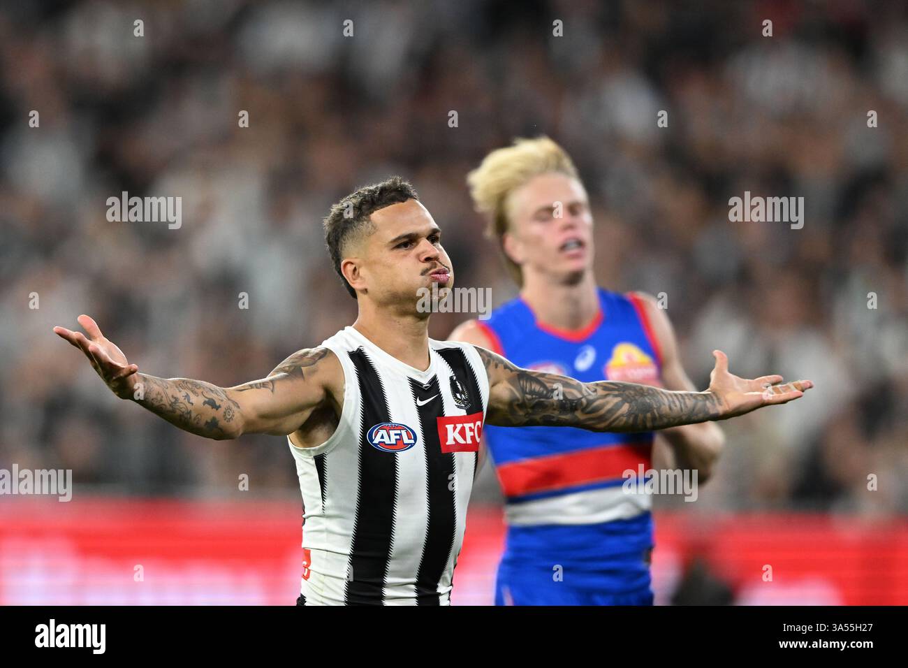 Melbourne, Australia. 21st Mar, 2025. Bobby Hill of Collingwood reacts ...