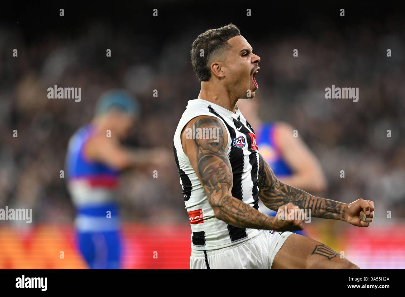 Bobby Hill of Collingwood reacts after kicking a goal during the AFL ...