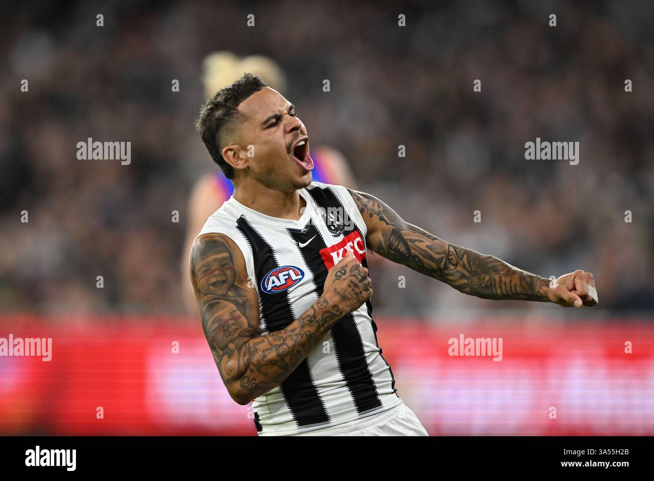 Bobby Hill of Collingwood reacts after kicking a goal during the AFL ...