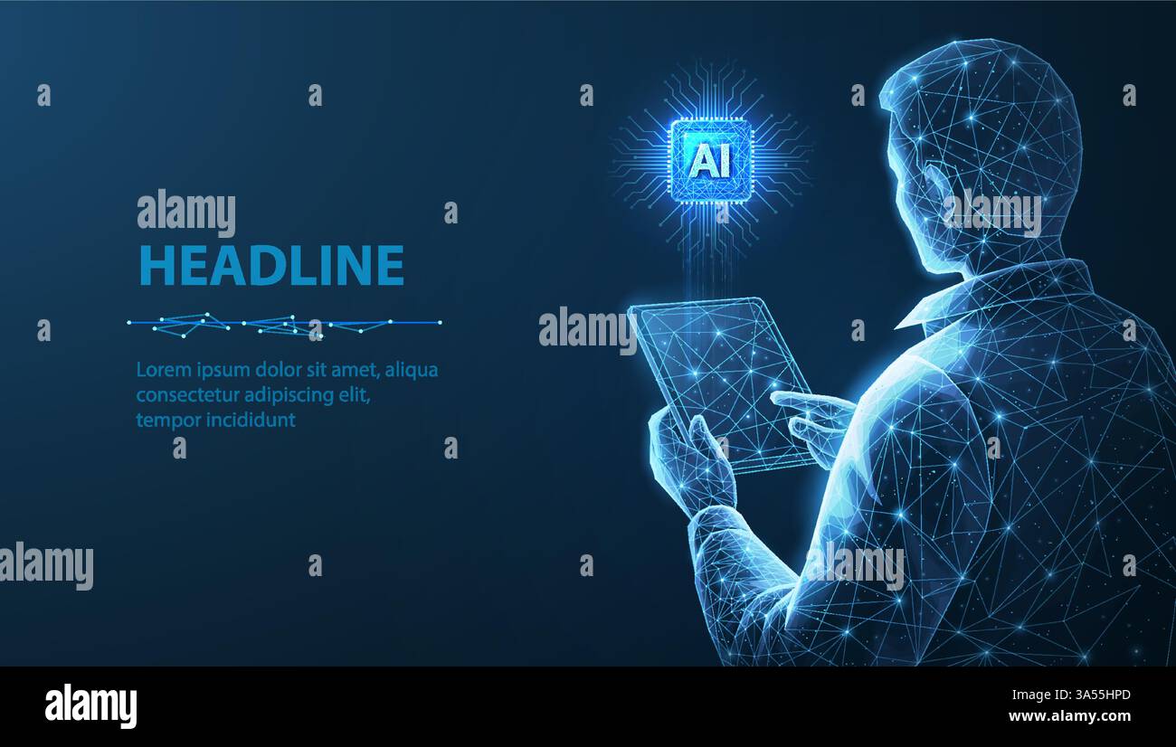 Digital engineer holding tablet and chip hologram. Ai technology ...