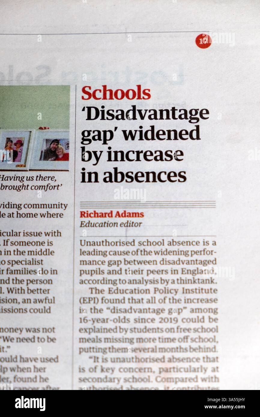 'Schools 'Disadvantage gap' widened by increase in absences' Guardian ...