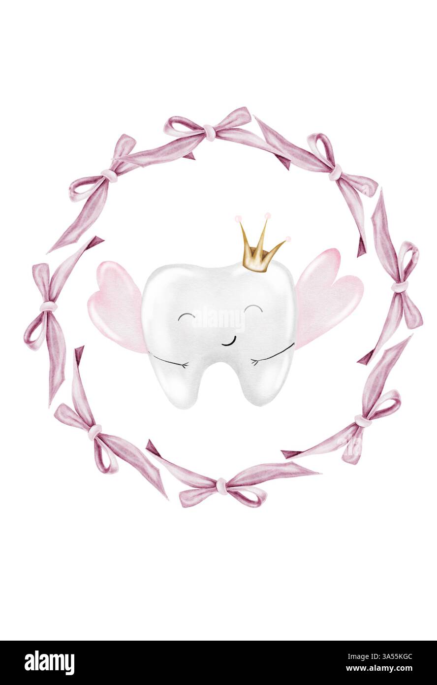Baby tooth watercolor. Cute cartoon molar with crown in a round frame ...