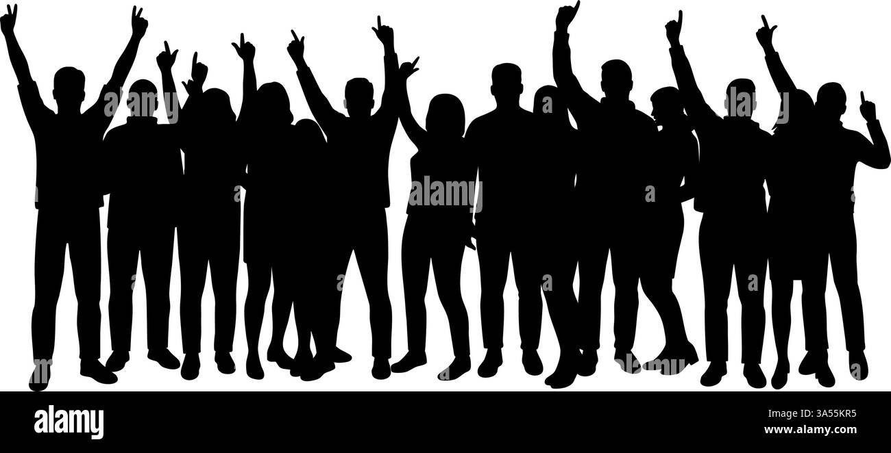 Large group of cheering people raising arms in celebration Silhouette ...