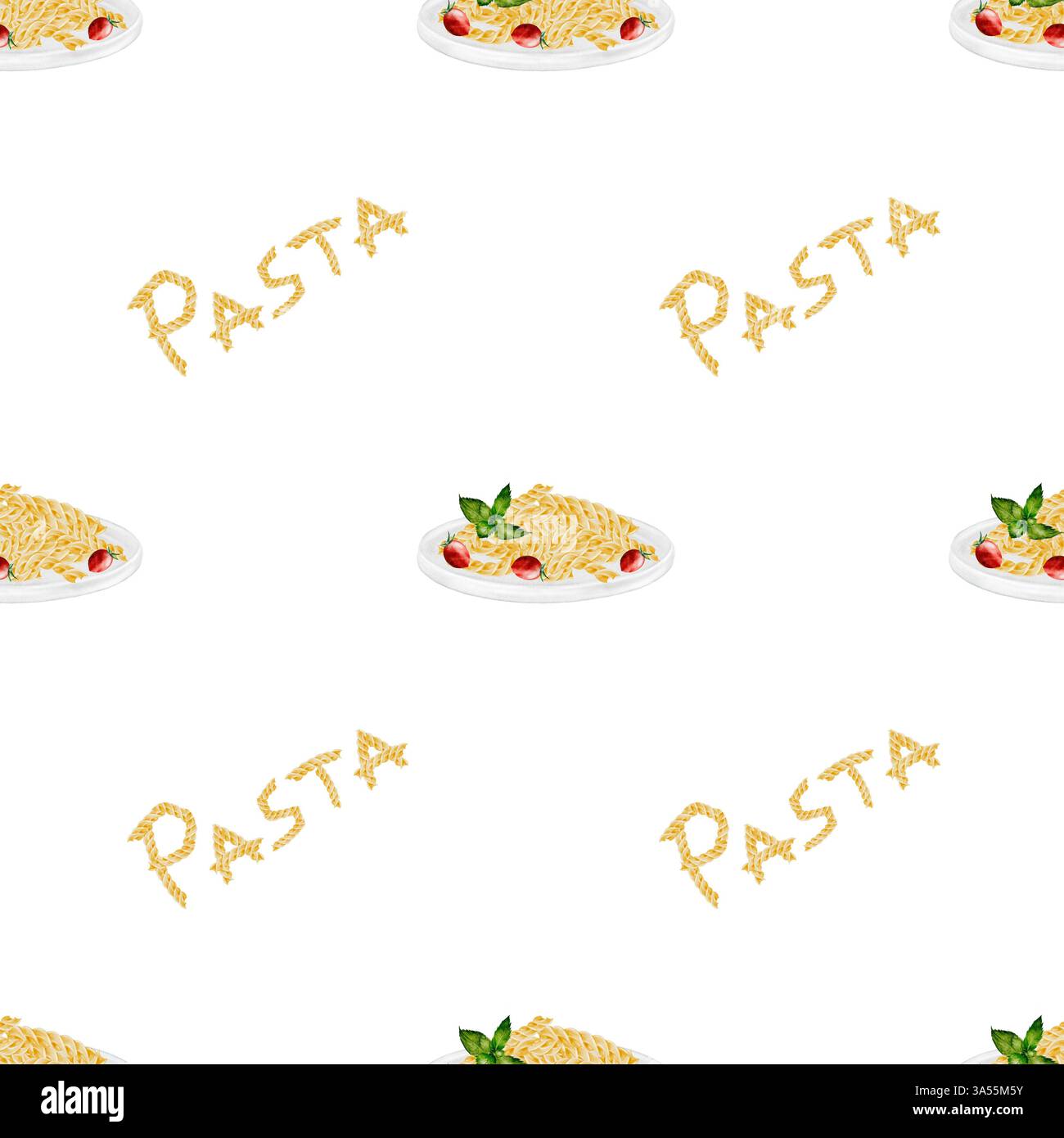 Pasta on a plate seamless pattern watercolor. Hand drawn italian ...