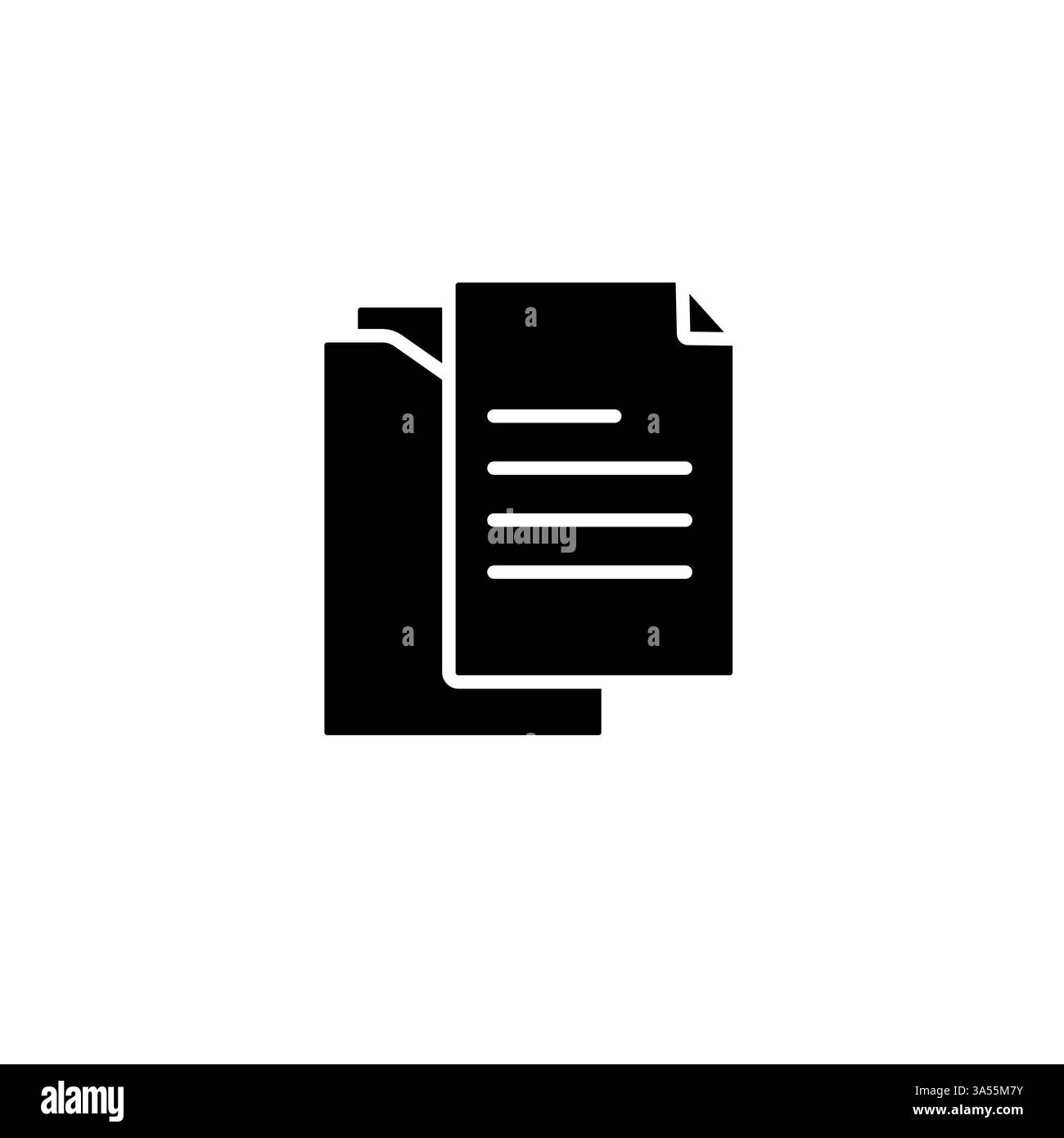 Simple black and white icon depicting two overlapping documents or ...