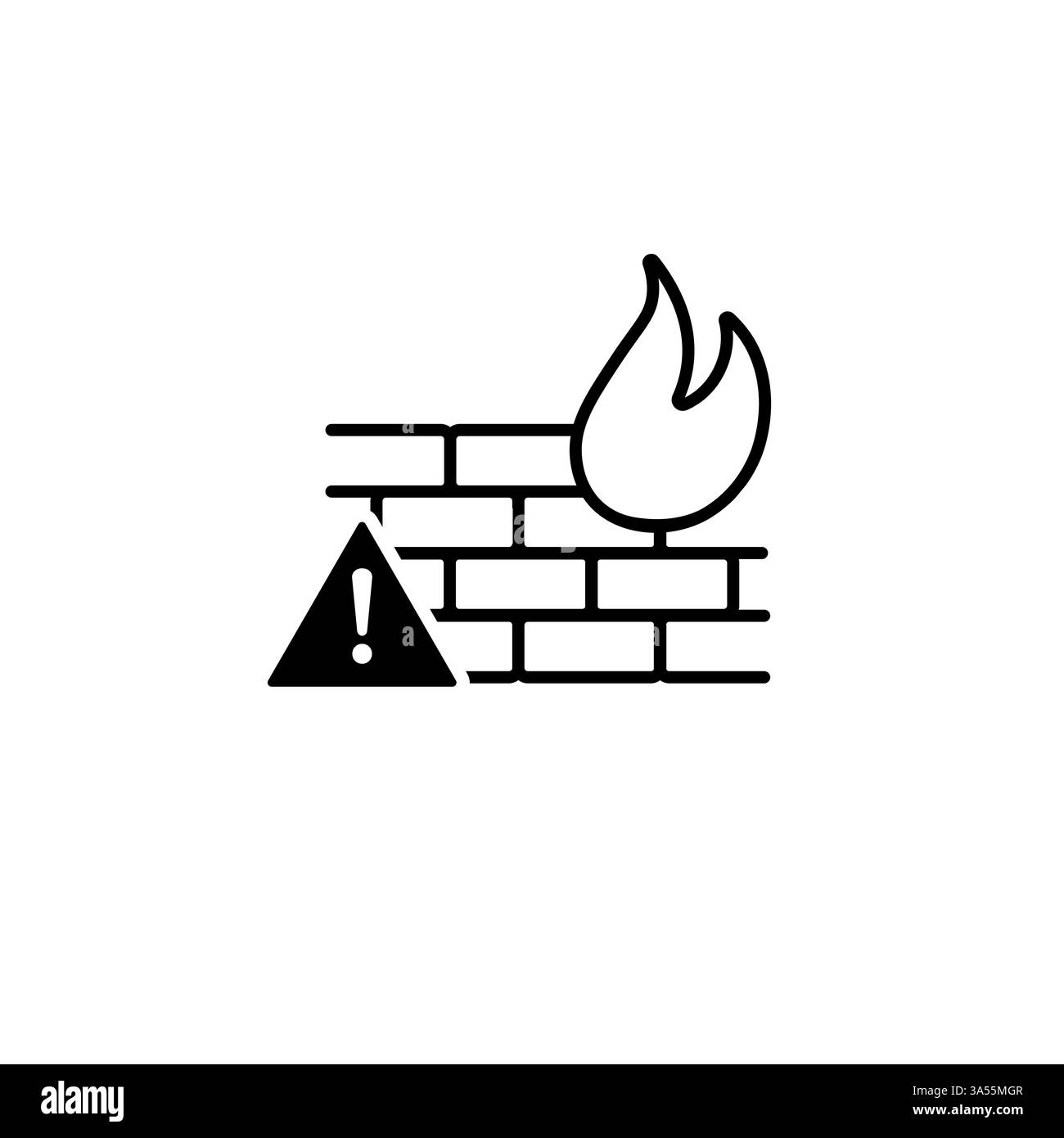 Firewall security icon with brick wall and flame symbol in simple black ...