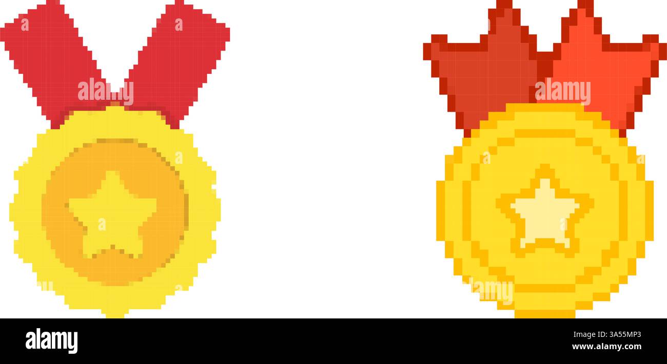 Pixel Medal Awards With Star Design Pixelated Icon Set. Pixel Art Symbol Collection Of Gold And ...
