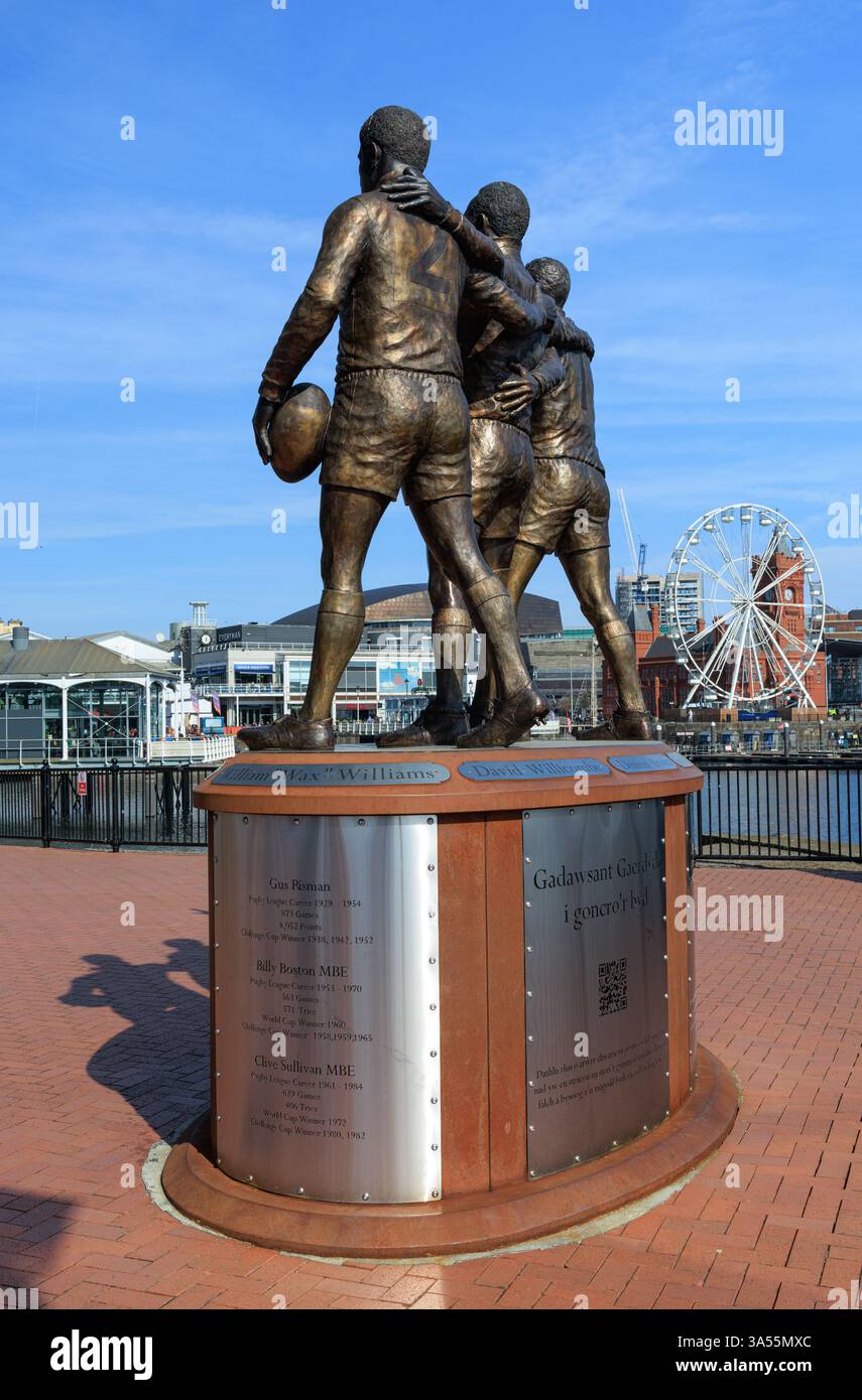 Bronze statue of three Welsh rugby league legends, Billy Boston, Clive ...