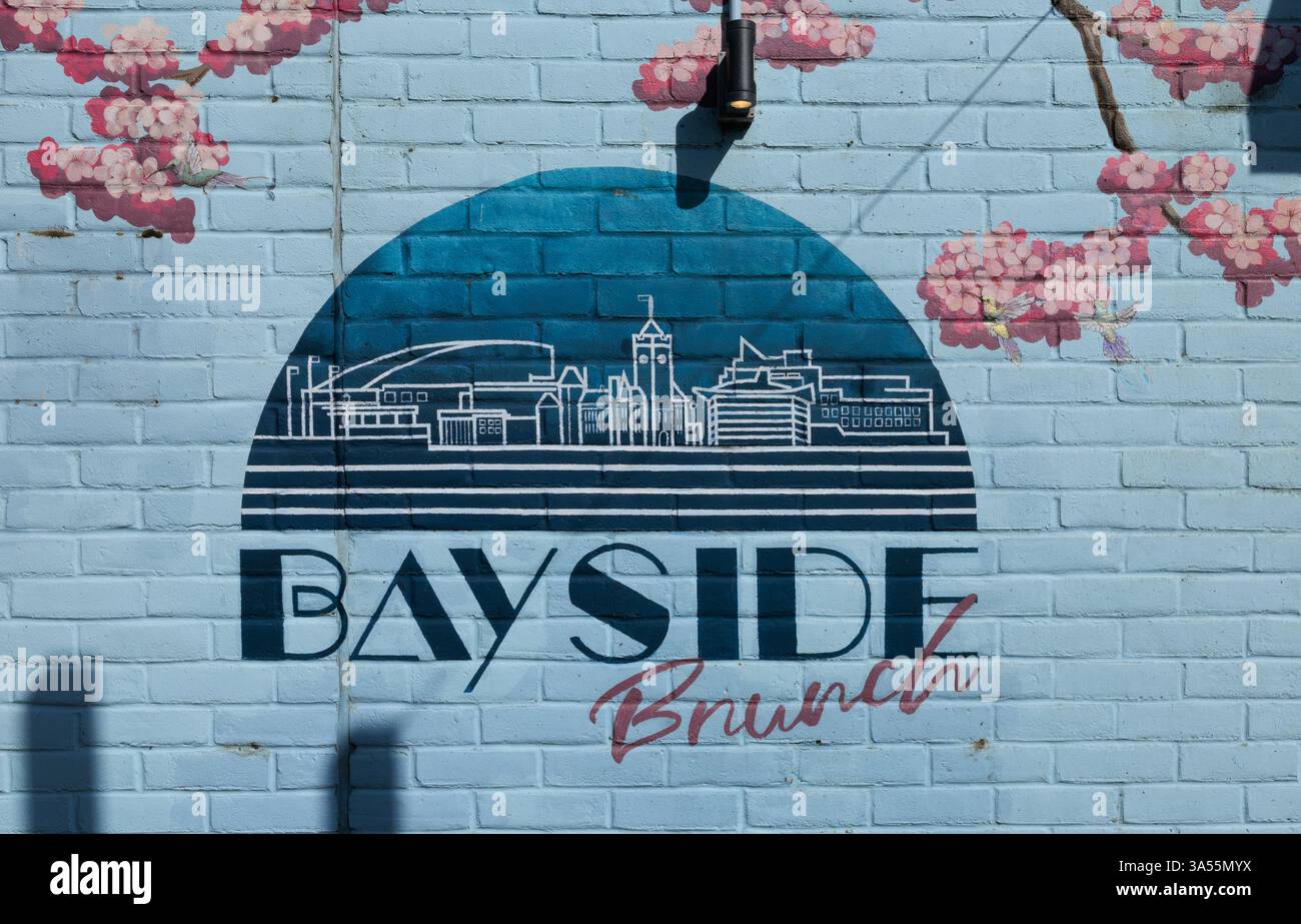 Bayside Brunch mural, Mermaid Quay, Cardiff Bay, Wales, UK Stock Photo ...