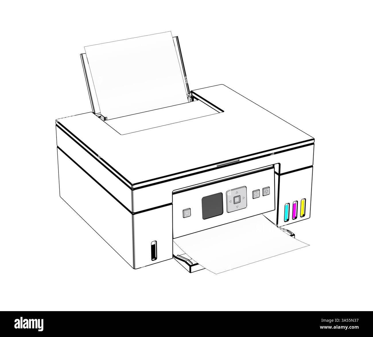 Sketch of a modern all-in-one inkjet color printer on a white ...