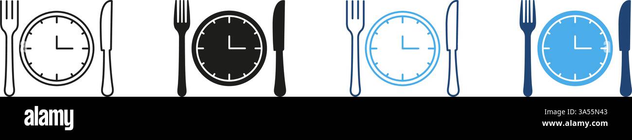 Meal Time Line and Silhouette Icon Set. Clock With Knife And Fork ...