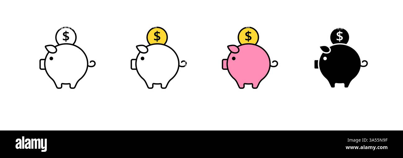 Colorful piggy banks with coins in different styles and sizes for ...