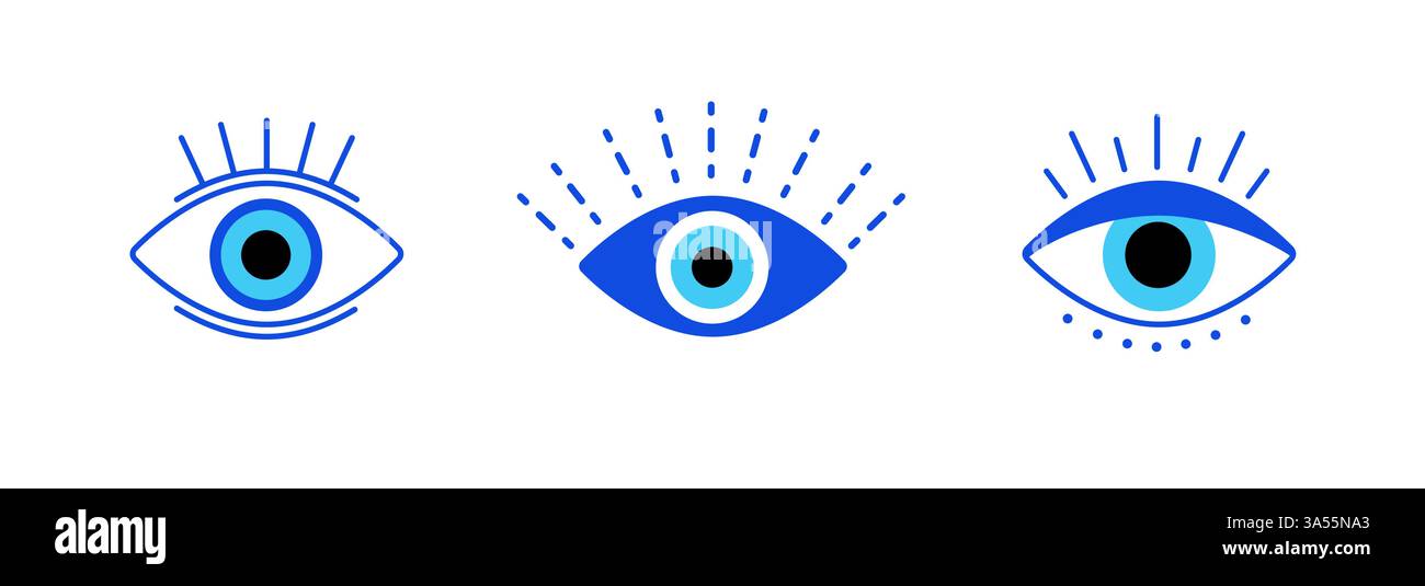 Three stylized blue eyes with unique patterns and minimalistic artistic ...