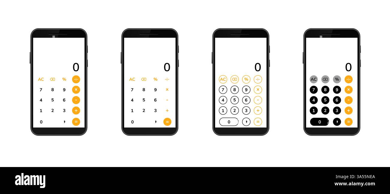 Four smartphone calculator apps displayed with different button designs and layouts Stock Vector ...