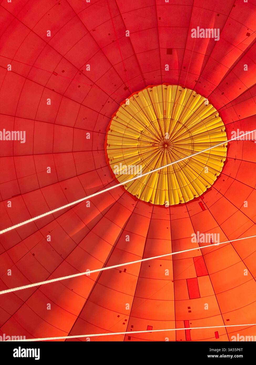 Hot air balloon view to the top inside. Top opens to release warm air before landing. Hot air ...