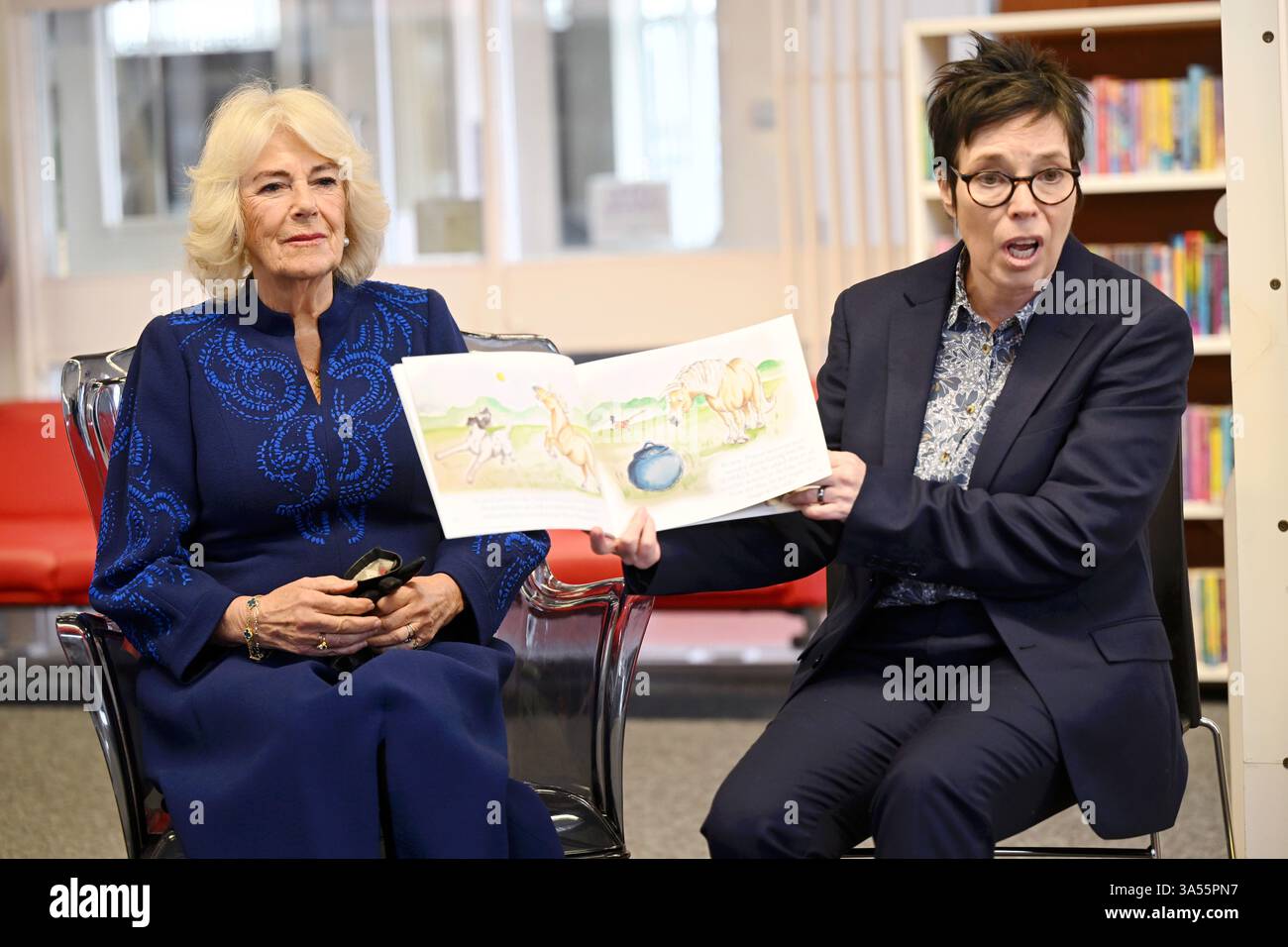 Queen Camilla views a book reading during a visit to Banbridge Library ...