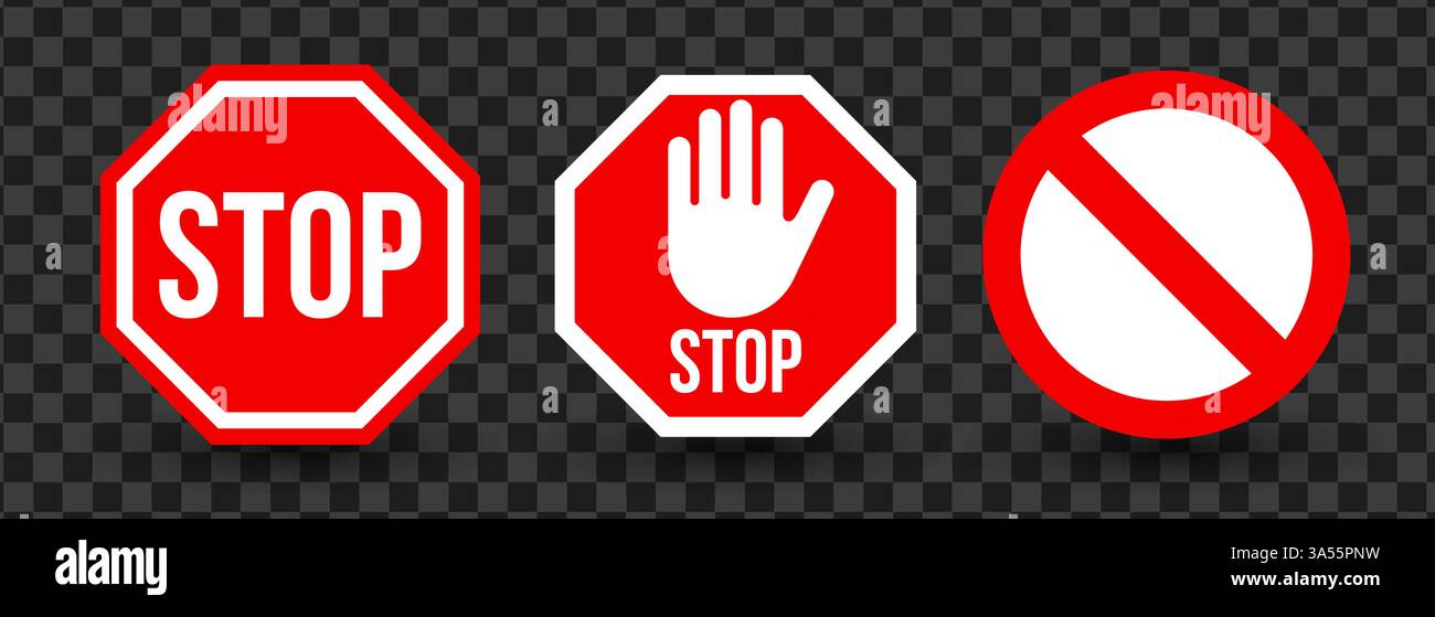 Stop sign icon and prohibition sign. Standard stop text, stop sign hand ...