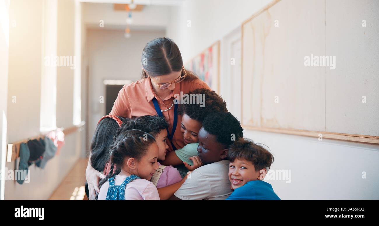 School, care and children hugging teacher for bonding, learning and education development. Happy ...