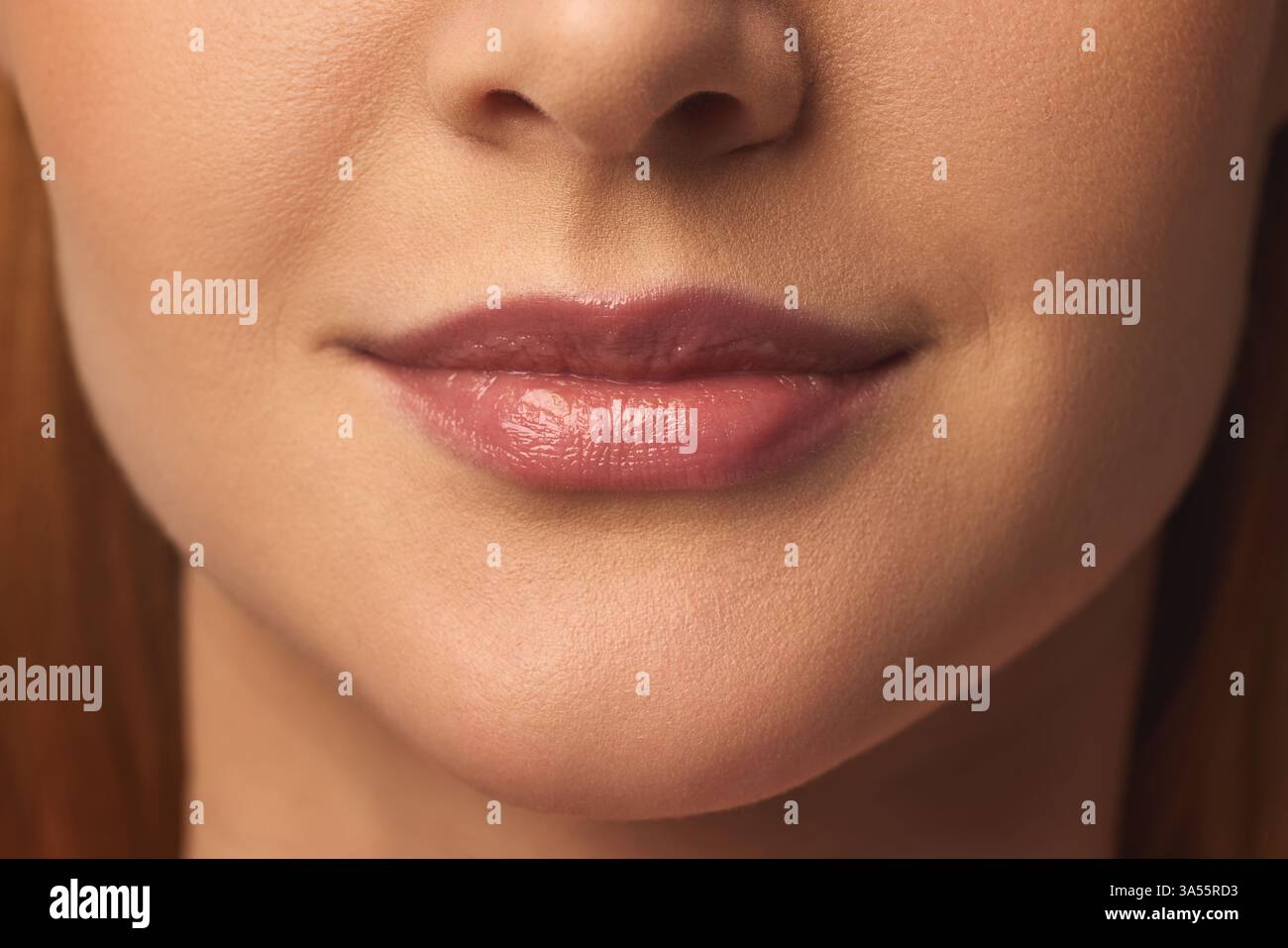 Detailed close-up of full, well-hydrated lips, soft natural gloss ...