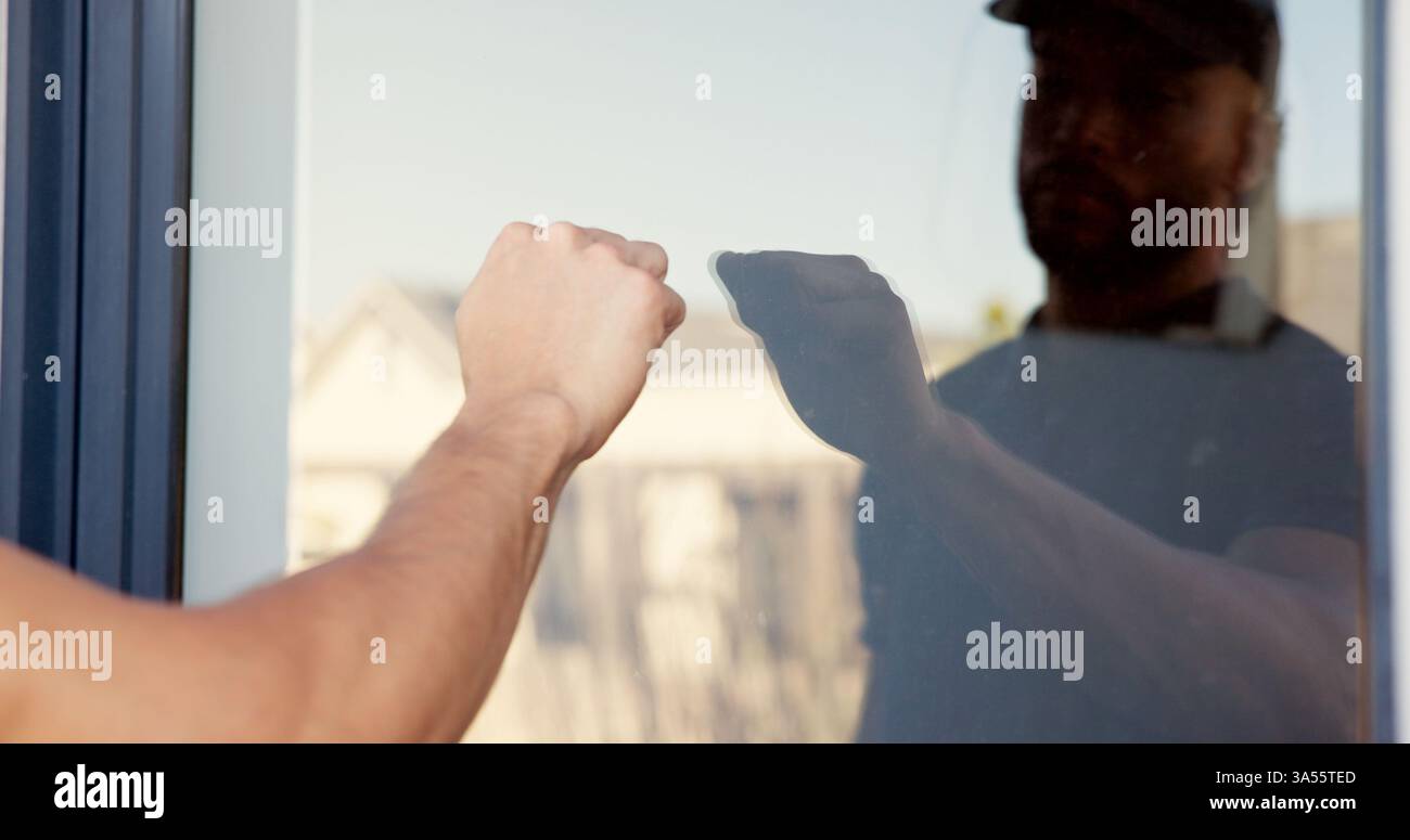 Hand, man and knocking on door of house for entrance, arrival alert and ...