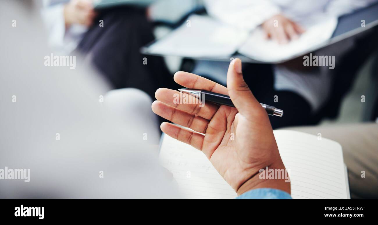 Hands, doctor and explain with book for healthcare training, teaching ...