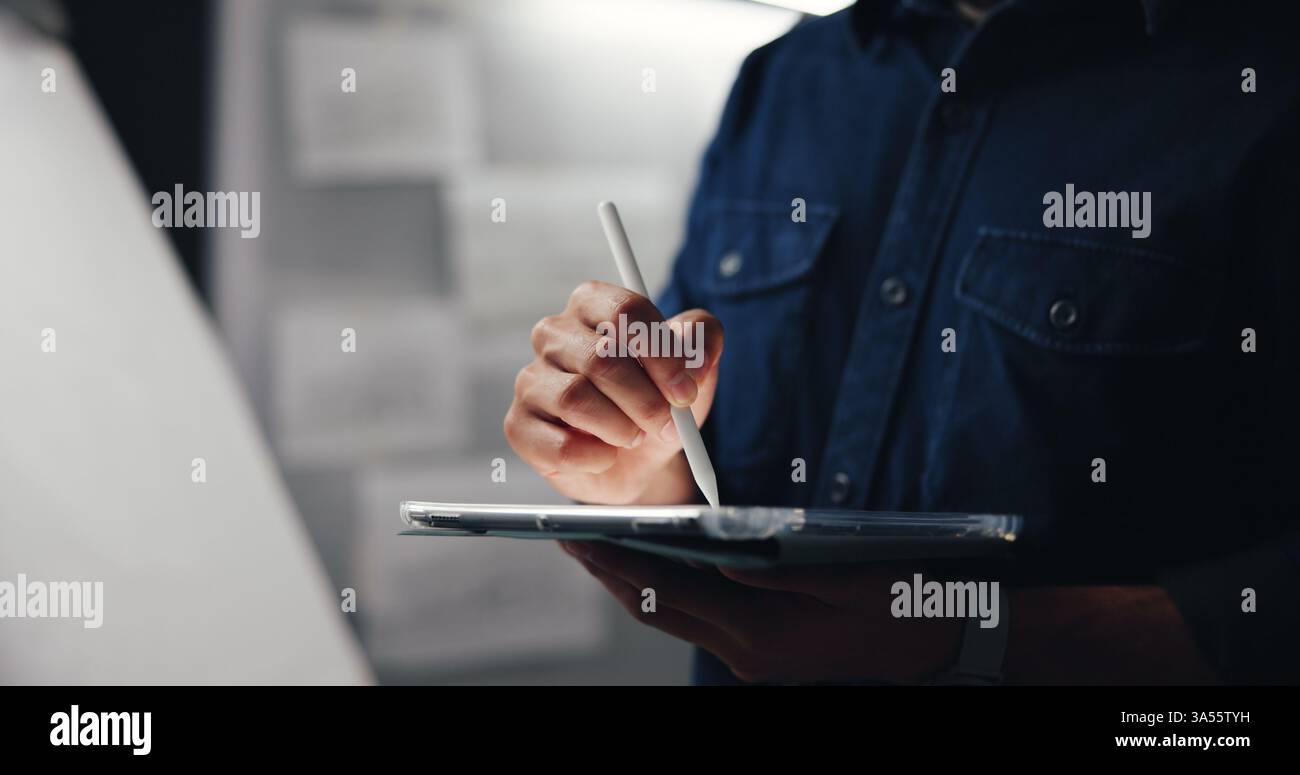 Tablet, stylus and hand of man in studio for animation development with ...