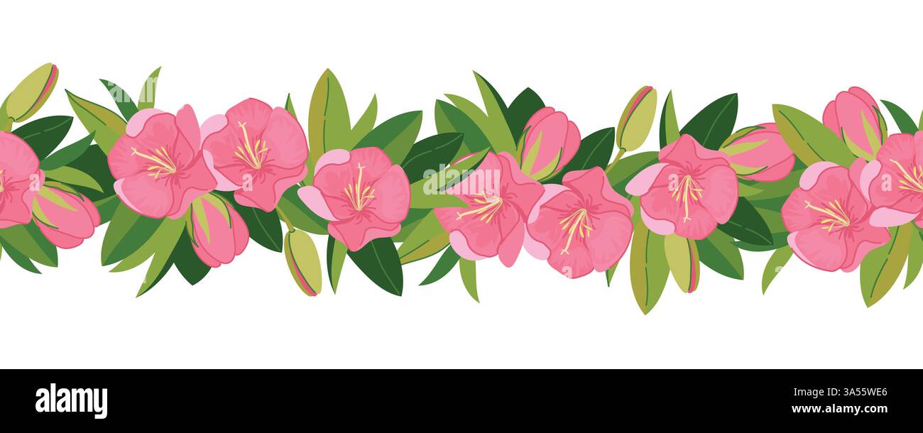 Seamless border with pink exotic flowers in flat style. Vector pattern ...