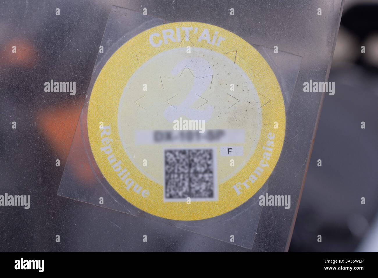 Paris, France. 21st Mar, 2025. View of the Crit Air 2 sticker, in Paris ...