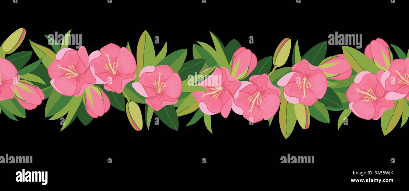 Seamless border with pink exotic flowers in flat style. Vector pattern ...